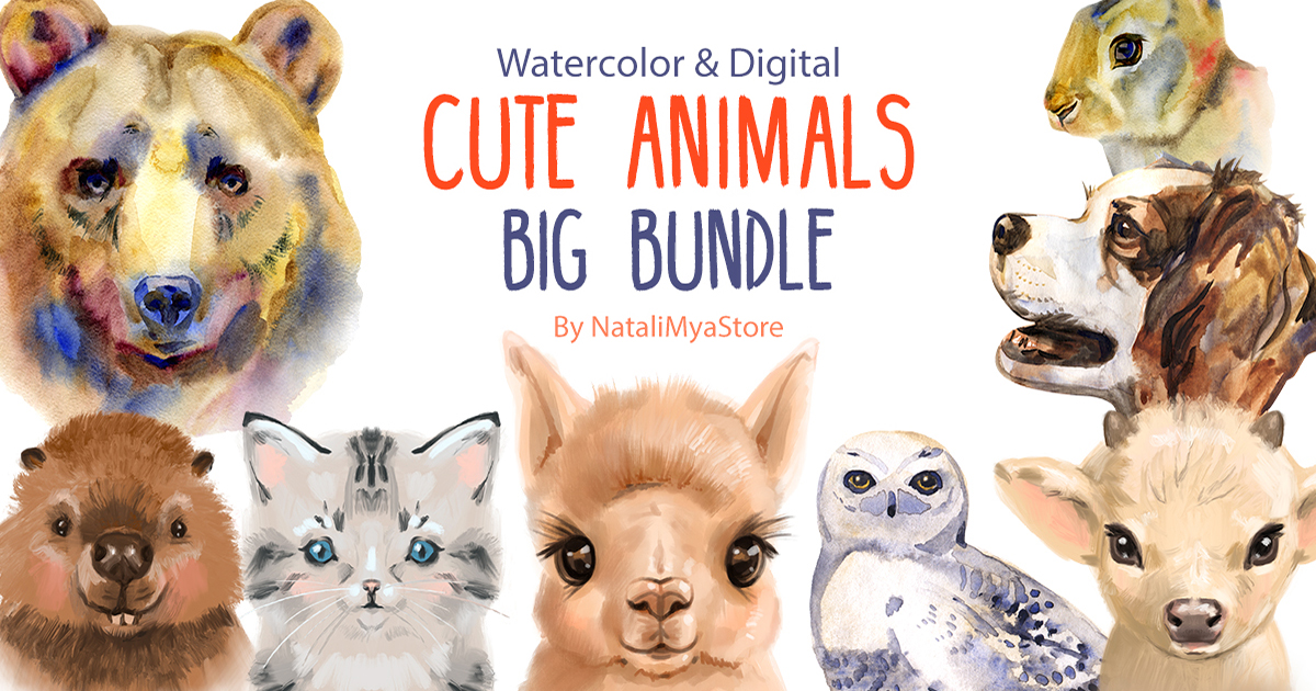 Watercolor Cute Animals Big Bundle Bundle · Creative Fabrica