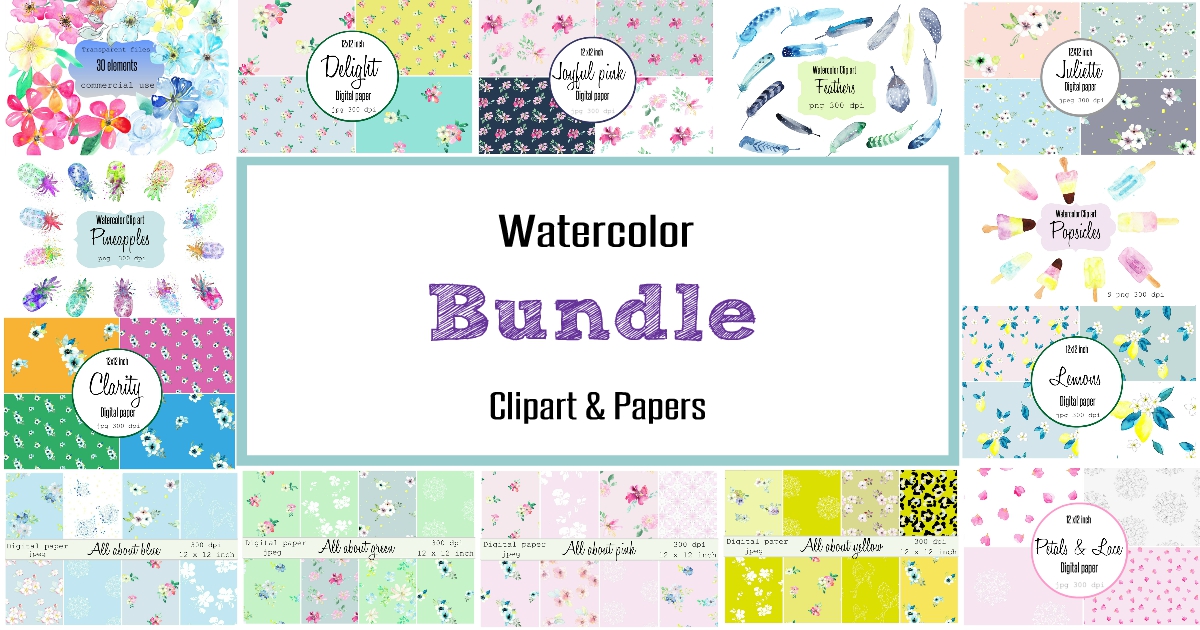 Watercolor Clip Art and Digital Papers Bundle Bundle · Creative Fabrica