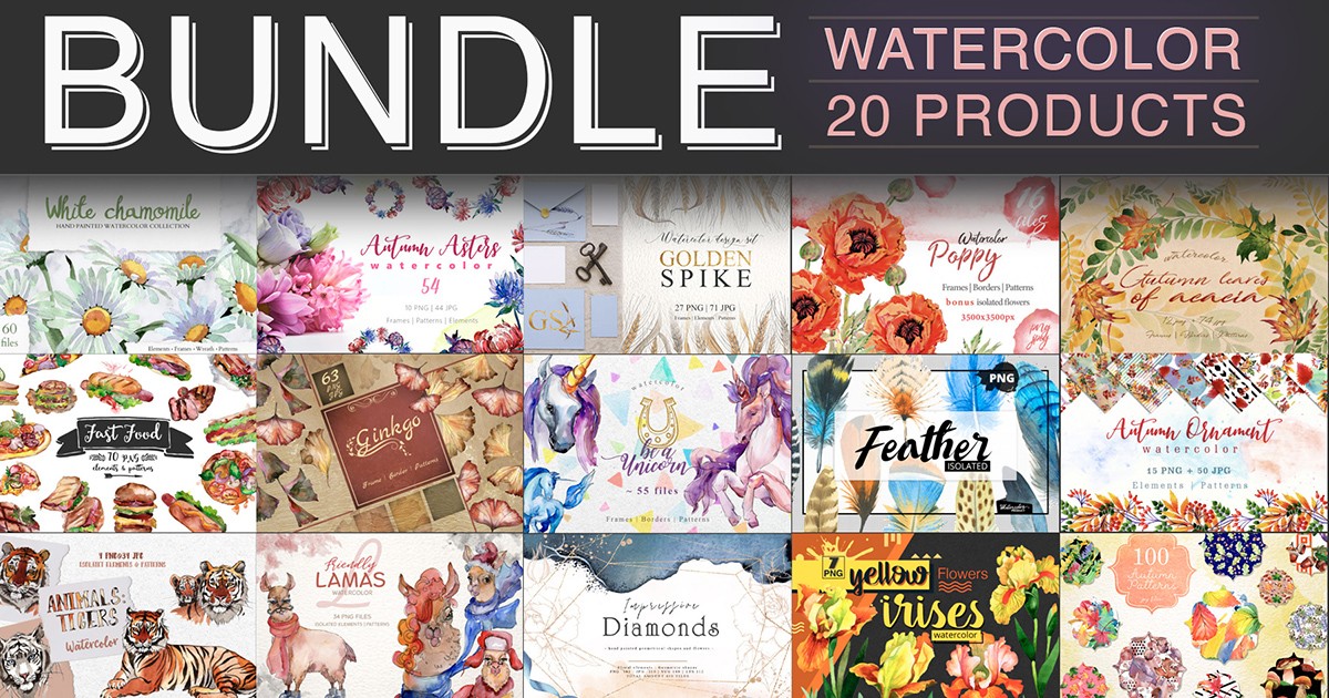Watercolor Bundle - 20 in 1 Bundle · Creative Fabrica