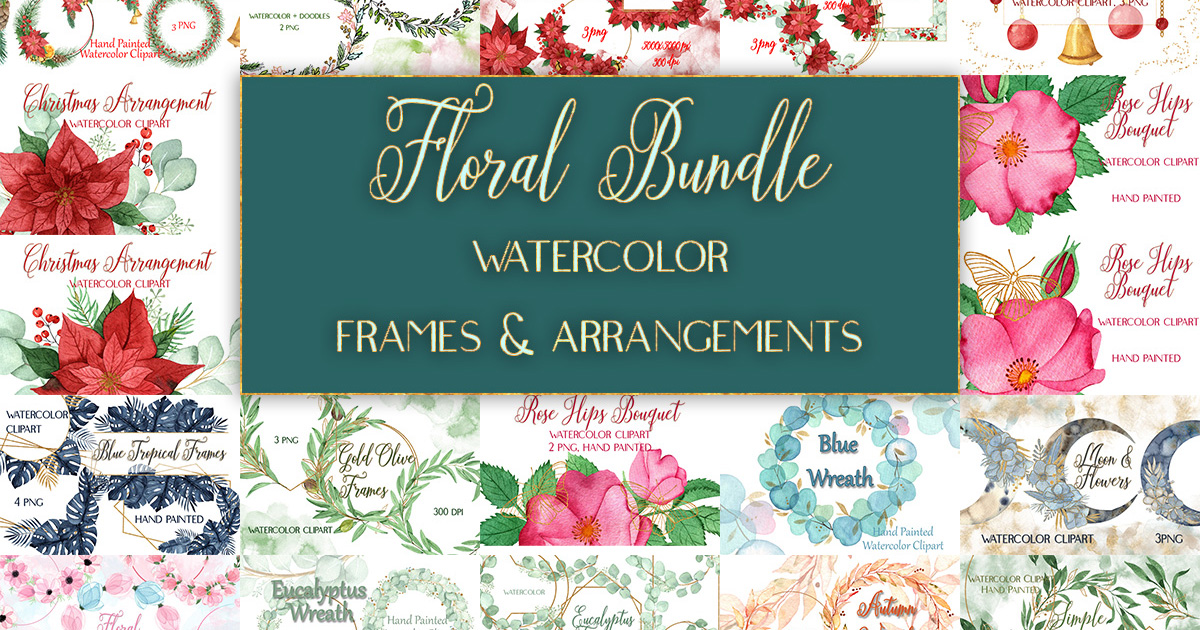 Watercolor Floral Frames Bouquets Bundle Bundle · Creative Fabrica