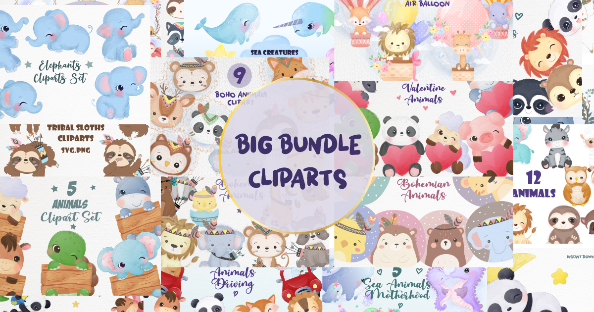 Big Bundle - Cute Animal Cliparts Bundle · Creative Fabrica