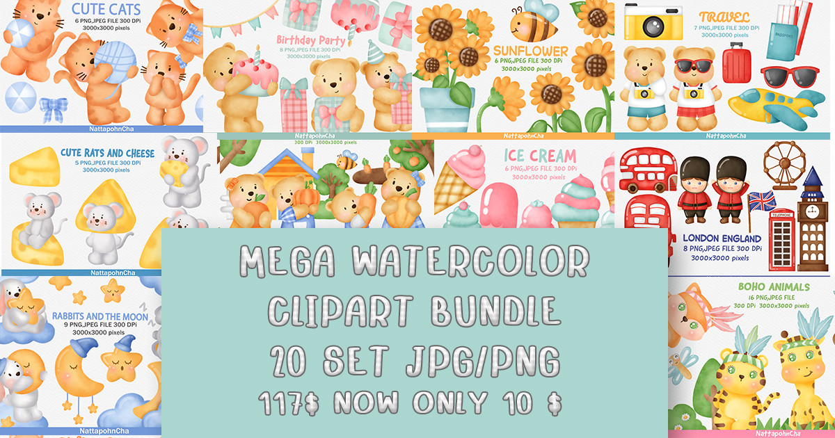Cute Watercolor Clip Art Bundle Bundle · Creative Fabrica