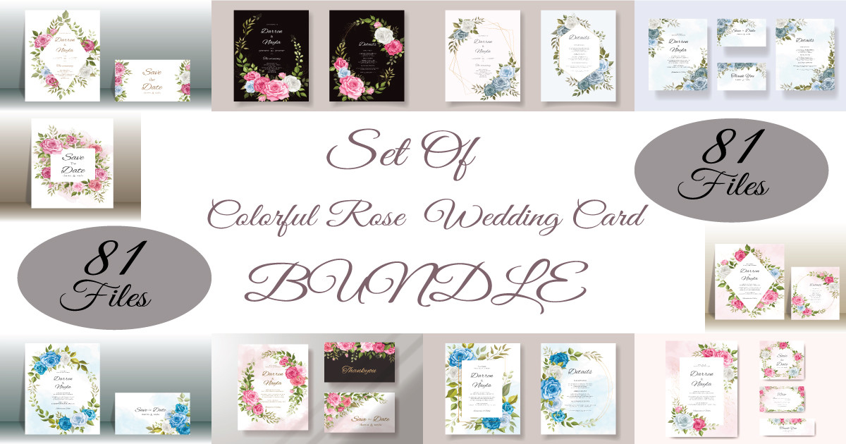 Set of Colorful Rose Wedding Card Bundle Bundle · Creative Fabrica