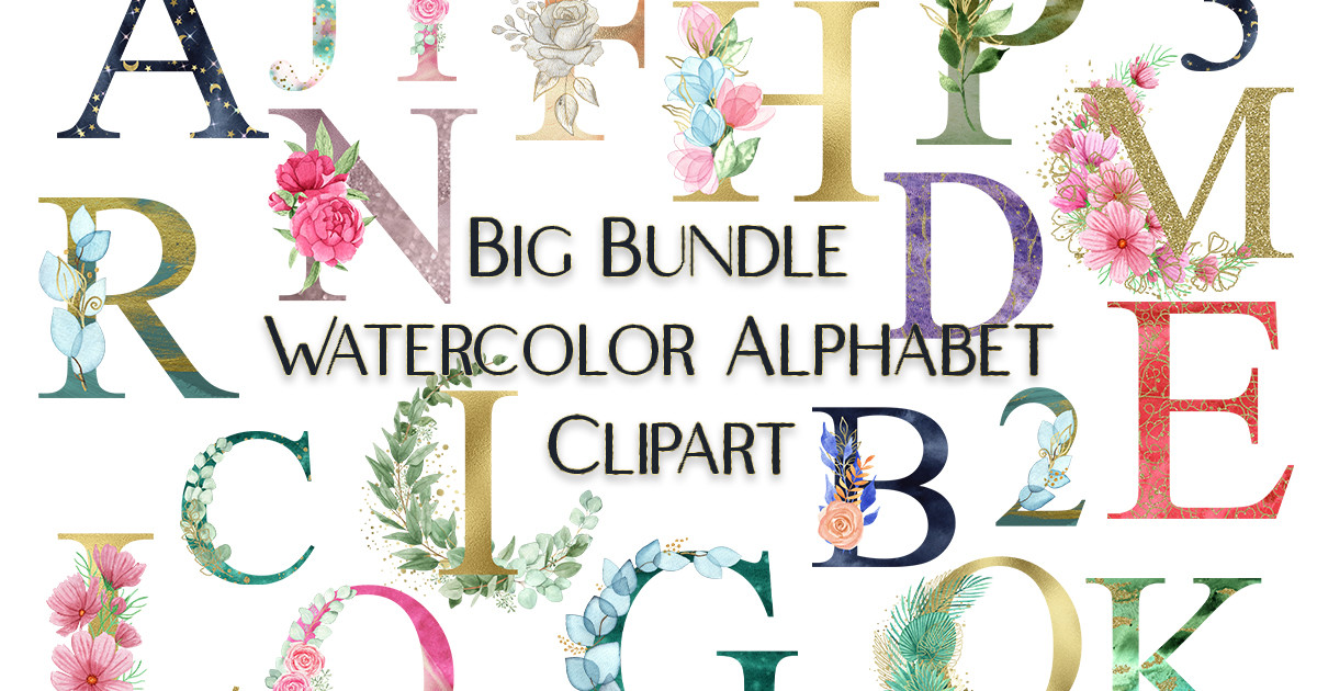 Big Bundle Watercolor Alphabet Clipart Bundle · Creative Fabrica