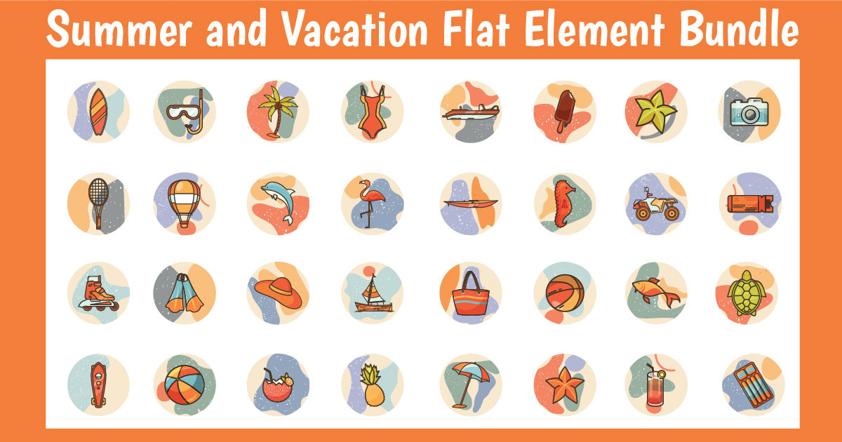 Summer and Vacation Flat Element Bundle Bundle · Creative Fabrica