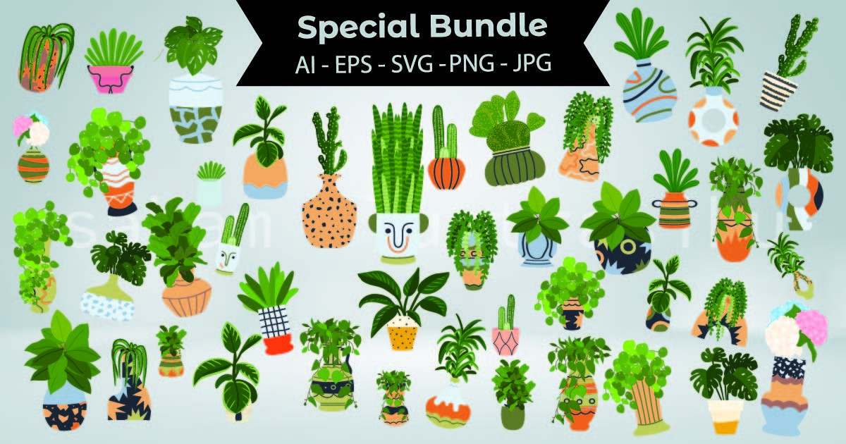 Vintage Potted House Plant Bundle Bundle · Creative Fabrica