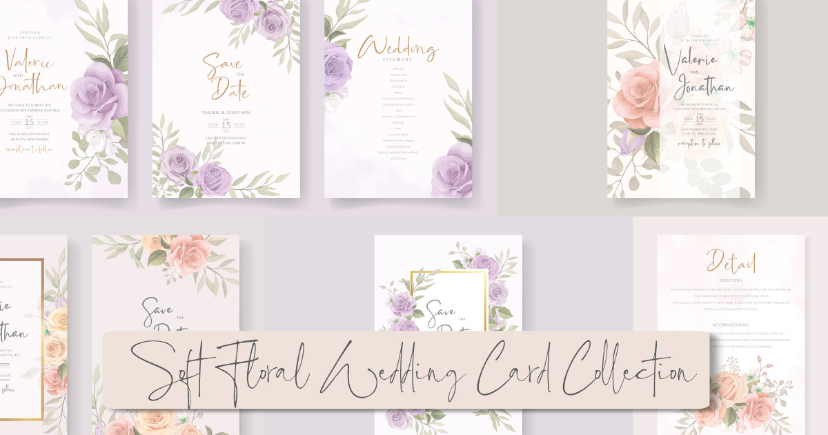 Soft Floral and Leaves Wedding Card Bundle Bundle · Creative Fabrica