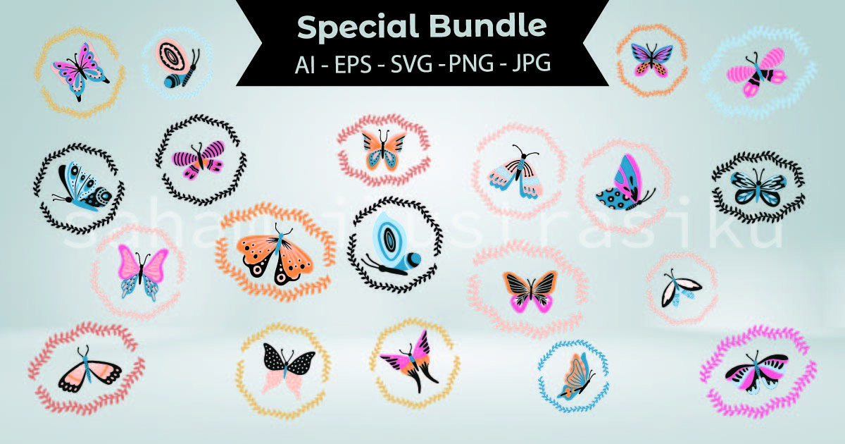 Butterfly Color Rainbow Frame Floral Bundle Bundle · Creative Fabrica