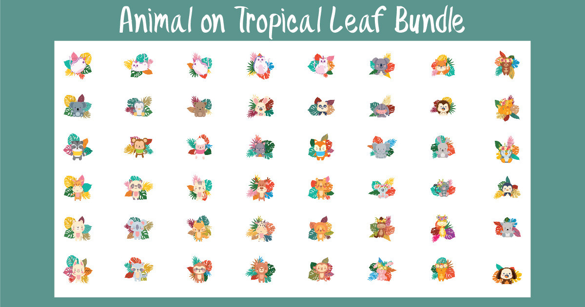 Animal on Tropical Leaf Bundle Bundle · Creative Fabrica